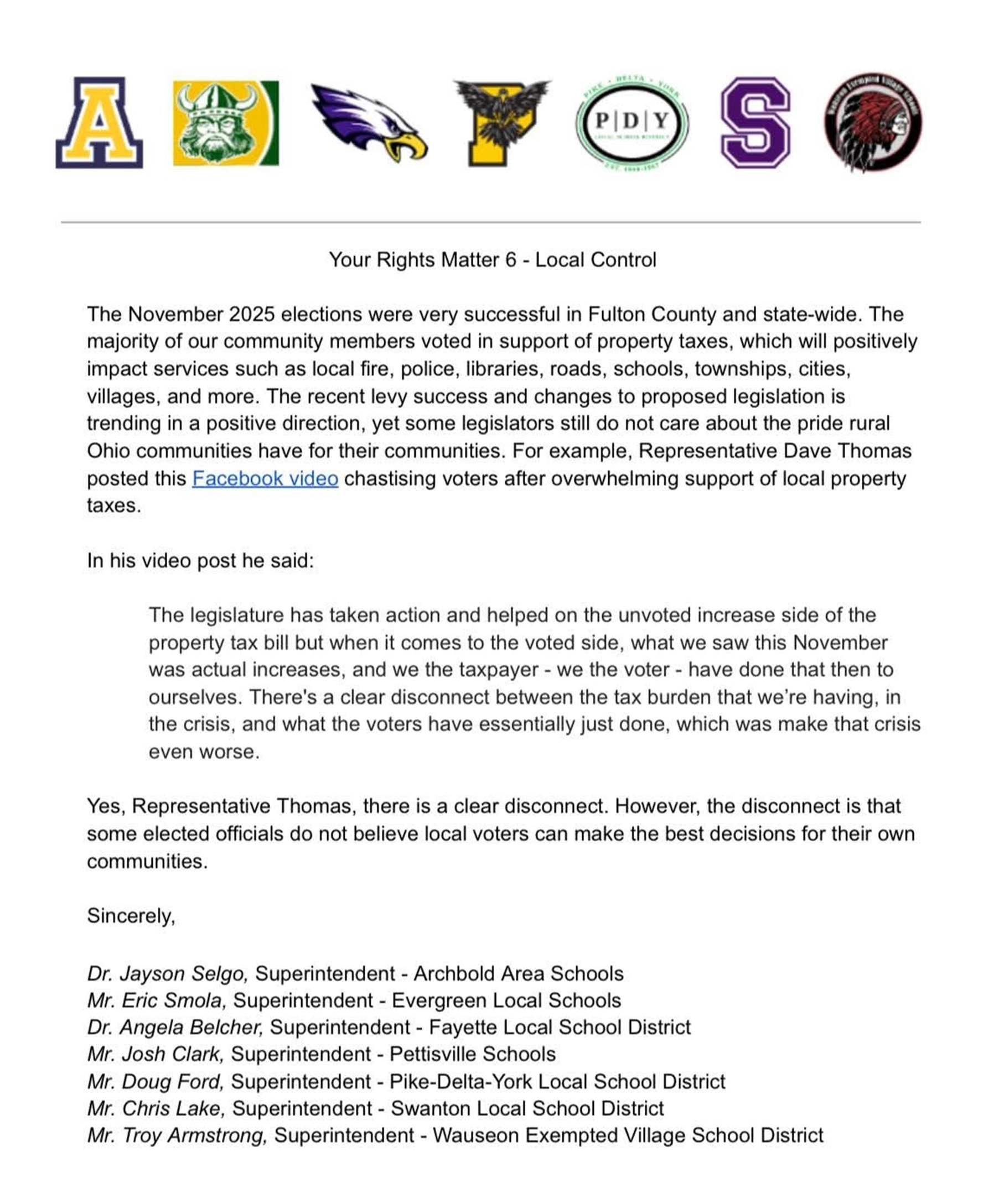 Statement by Fulton County School Superintendents | Fulton County Ohio ...